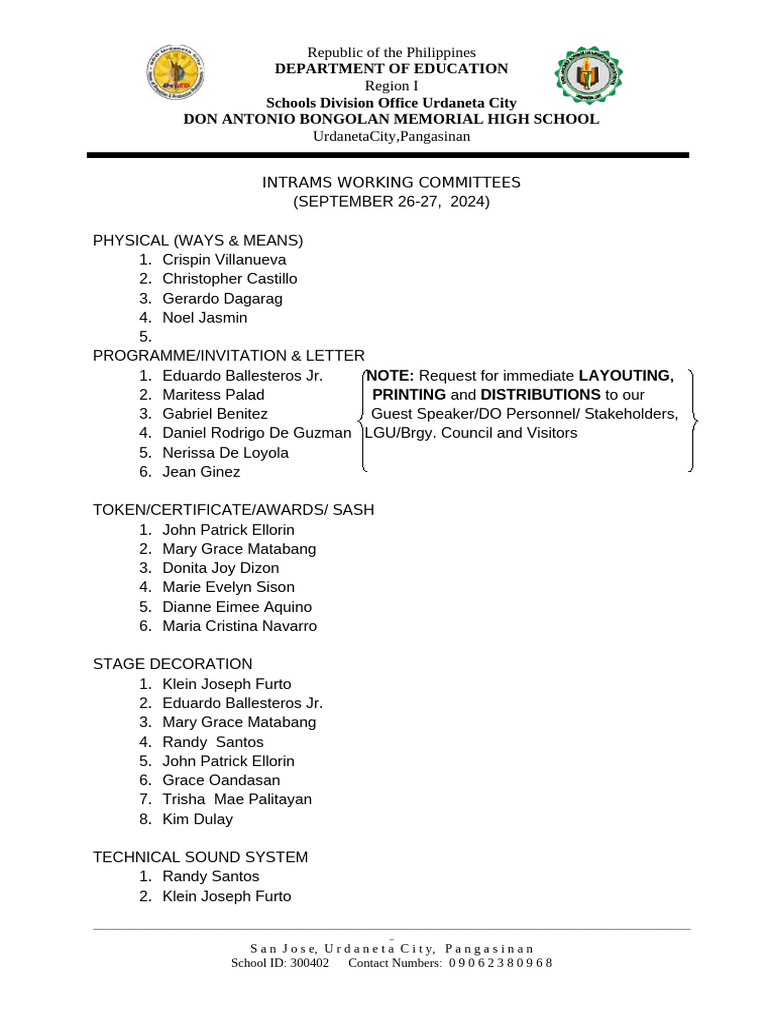 Working Committees Intrams 2024 | PDF