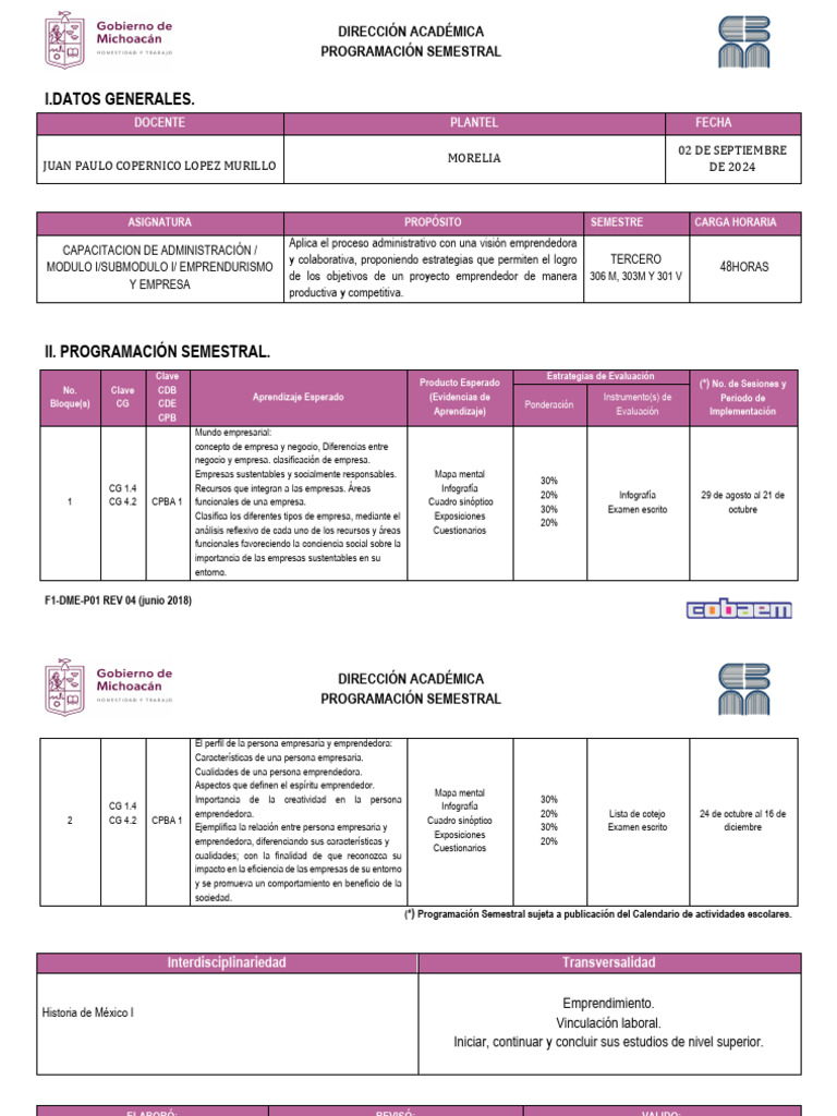 PROGRAMACION ESCOLARIZADO EMPRENDIMIENTO - 3sem - SEP2024 - Firmado | PDF