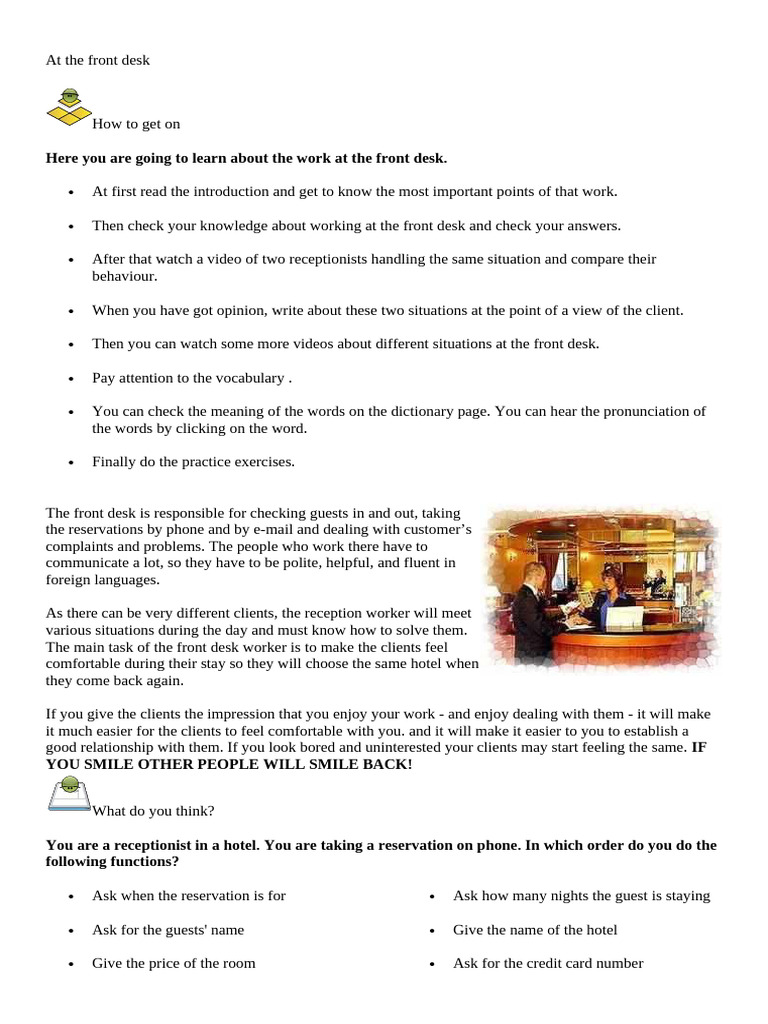 At The Front Desk | PDF | Career & Growth | Language Arts & Discipline