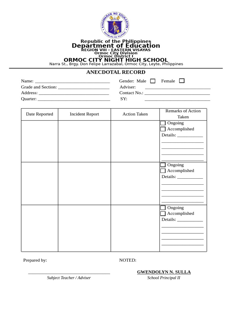 FORM-ANECDOTAL-RECORD-OCNHS | PDF