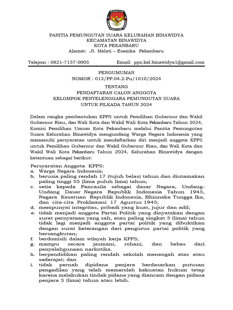 Pengumuman Recruitment KPPS Kel. Binawidya | PDF