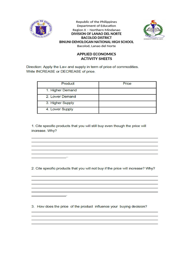 Activity Sheets Applied Econ | PDF | Social Science | Wellness