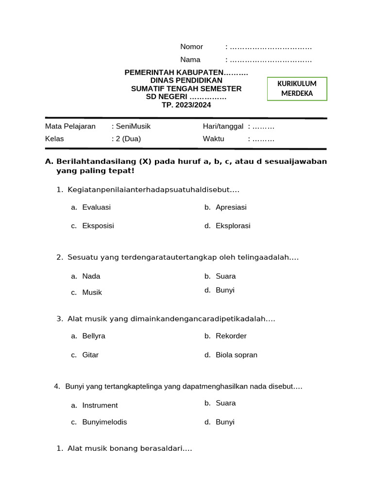 Soal PTS Seni Musik Kls 2 | PDF