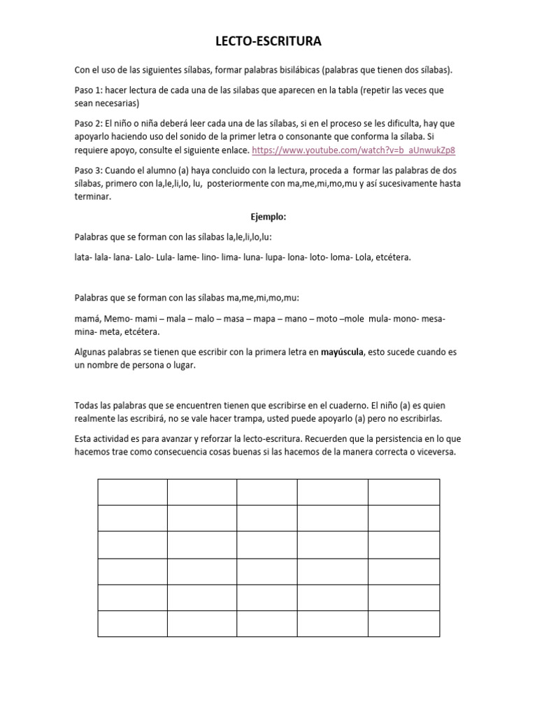 Lecto Escritura Palabras Bisilábicas | PDF