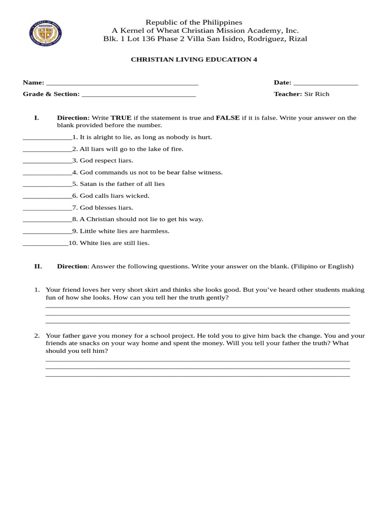 Grade 1 Christian Living Worksheets | PDF