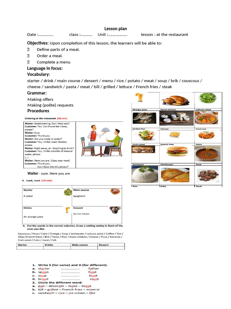 Lesson Plan at the Restaurant | PDF