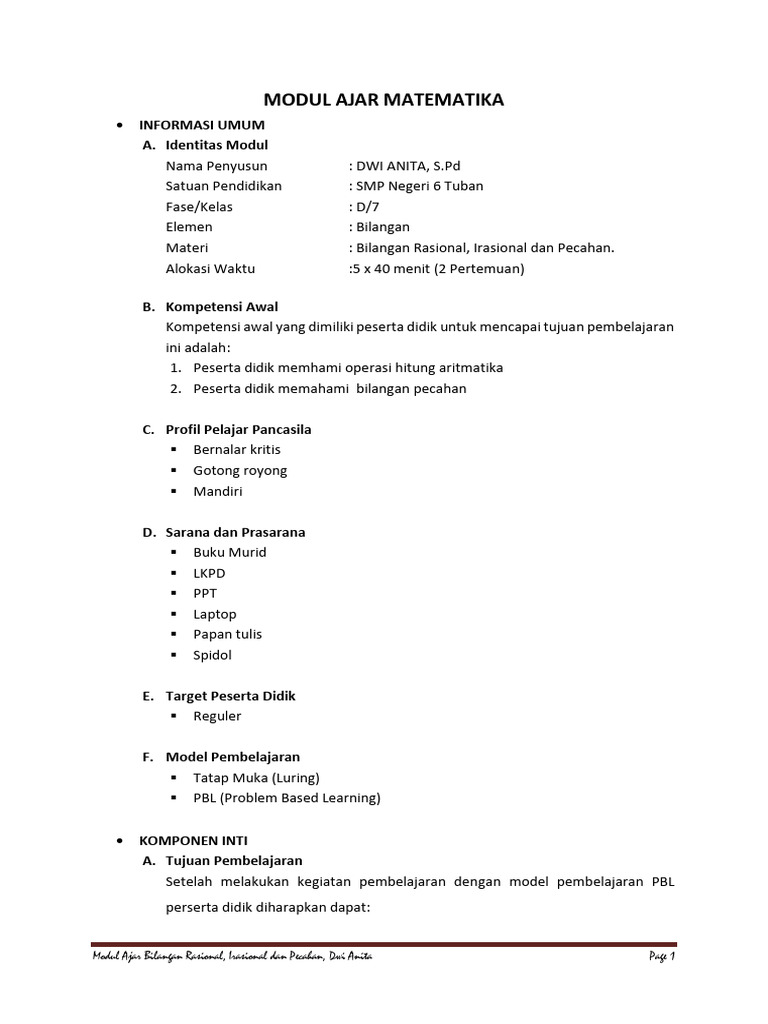 Modul Ajar Matematika - BILANGAN RASIONAL, IRASIONAL, DAN PECAHAN ...