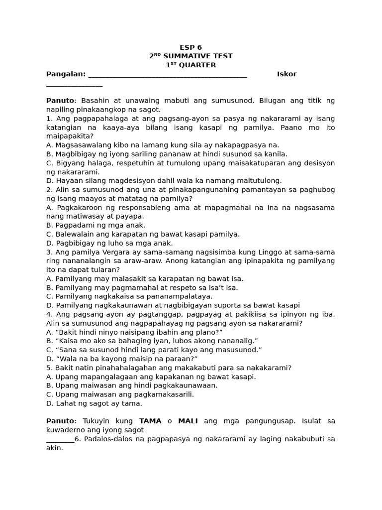 Esp 6 - Summative TRST No. 2 | PDF