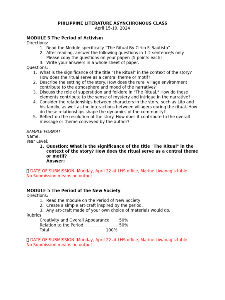 PHILIPPINE LITERATURE ASYNCHRONOUS CLASS April 15 19 | PDF