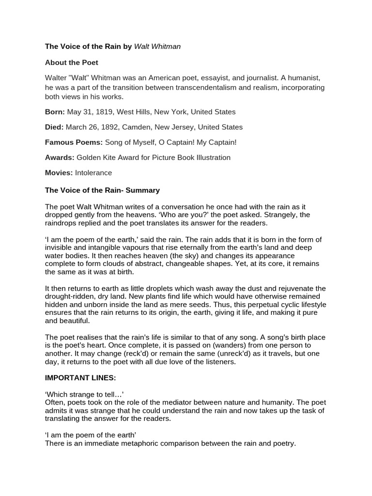 The Voice of the Rain Notes and questions | PDF