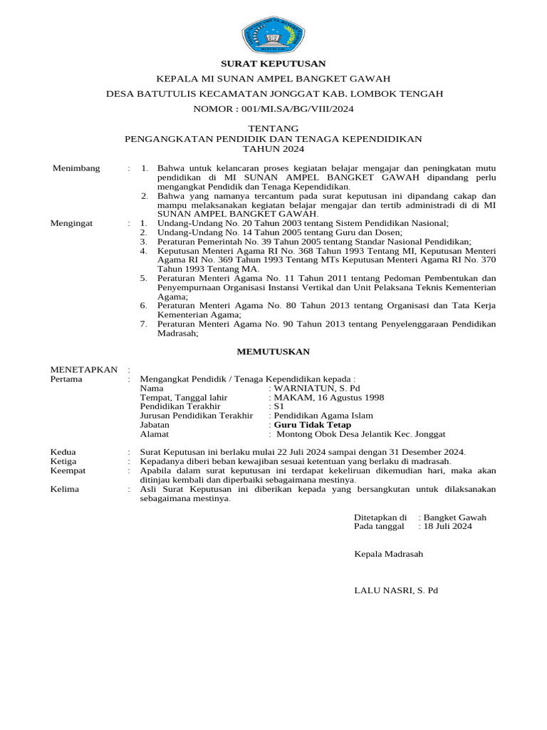 Contoh SK Pengangkatan Pendidik Dan Tenaga Kependidikan Revisi | PDF