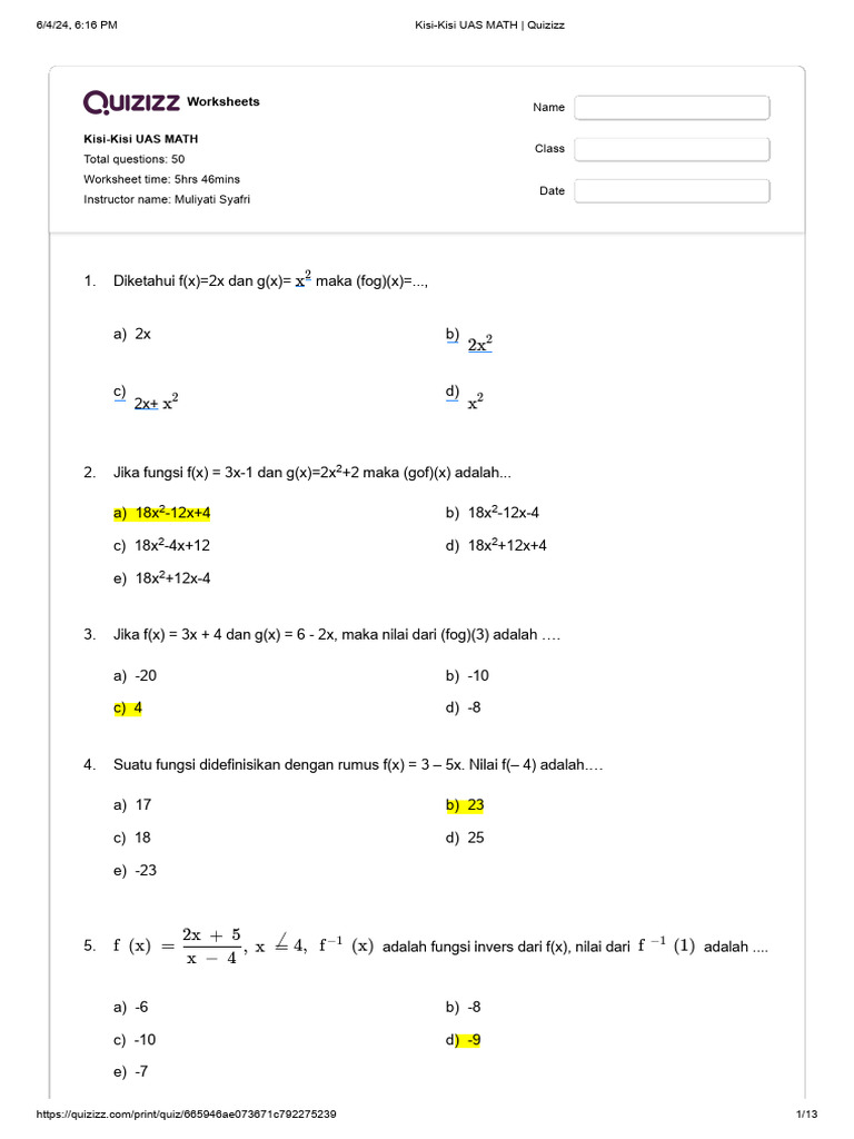 Kisi-Kisi UAS MATH - Quizizz | PDF