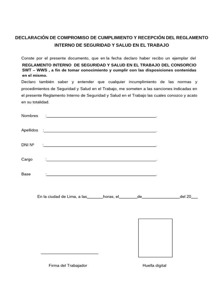 Declaración de Compromiso de Cumplimiento y Recepción Del Risst | PDF