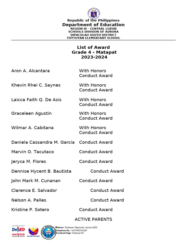 Final Award List 2023-2024 Grade 4 | PDF