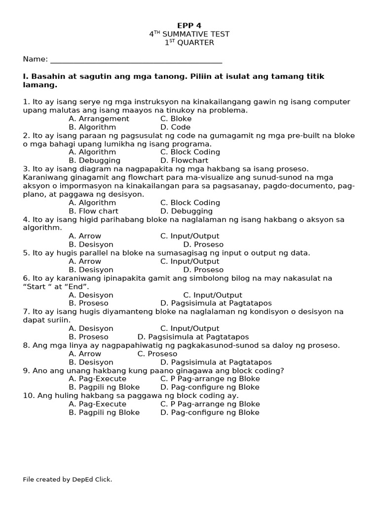 Epp4 ST4 Q1 Matatag | PDF
