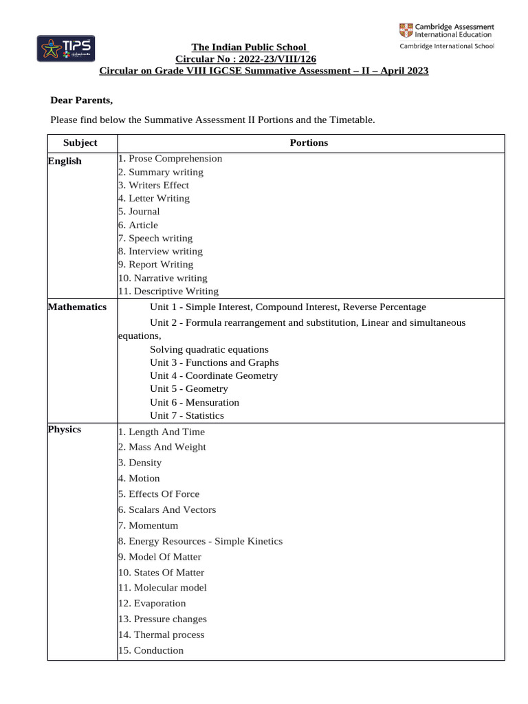 Grade 8 IGCSE SA2 Portions and TT | PDF