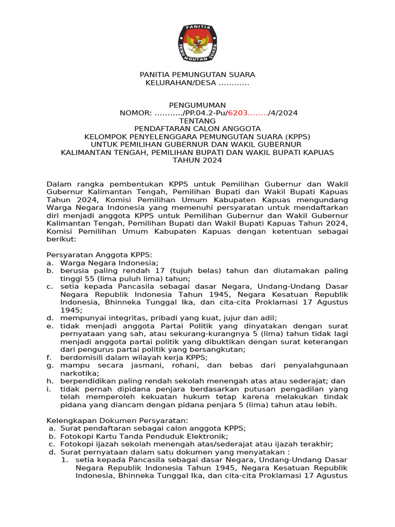 Kapuas - Pengumuman PPS Pendaftaran KPPS | PDF