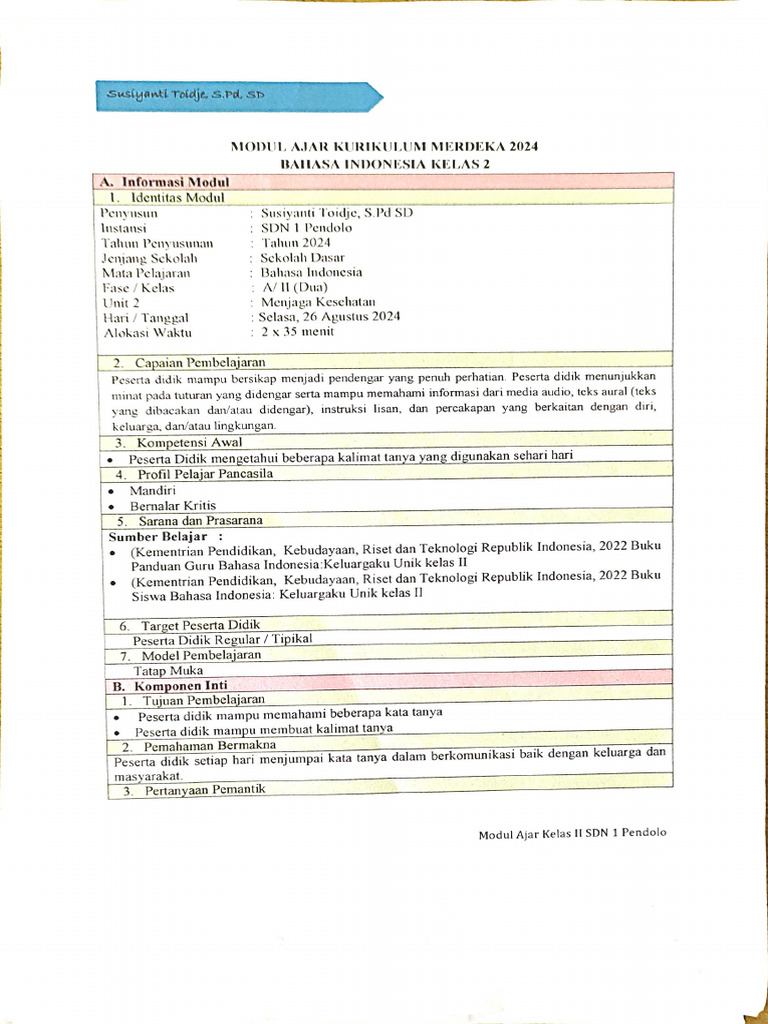 Modul Ajar Kelas 2 Mapel B.indonesia | PDF