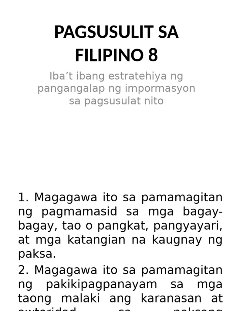 PAGSUSULIT SA FILIPINO 8 (Iba't Ibang Estratehiya Sa Pangangalap NG ...