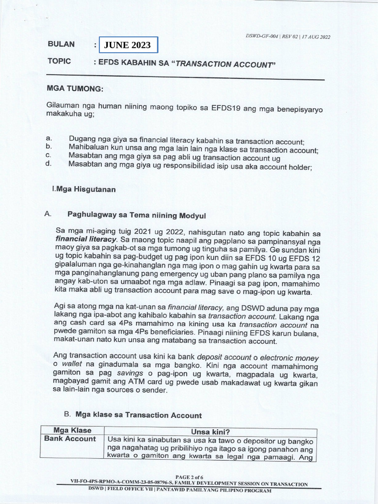 Family Development Session on Transaction | PDF