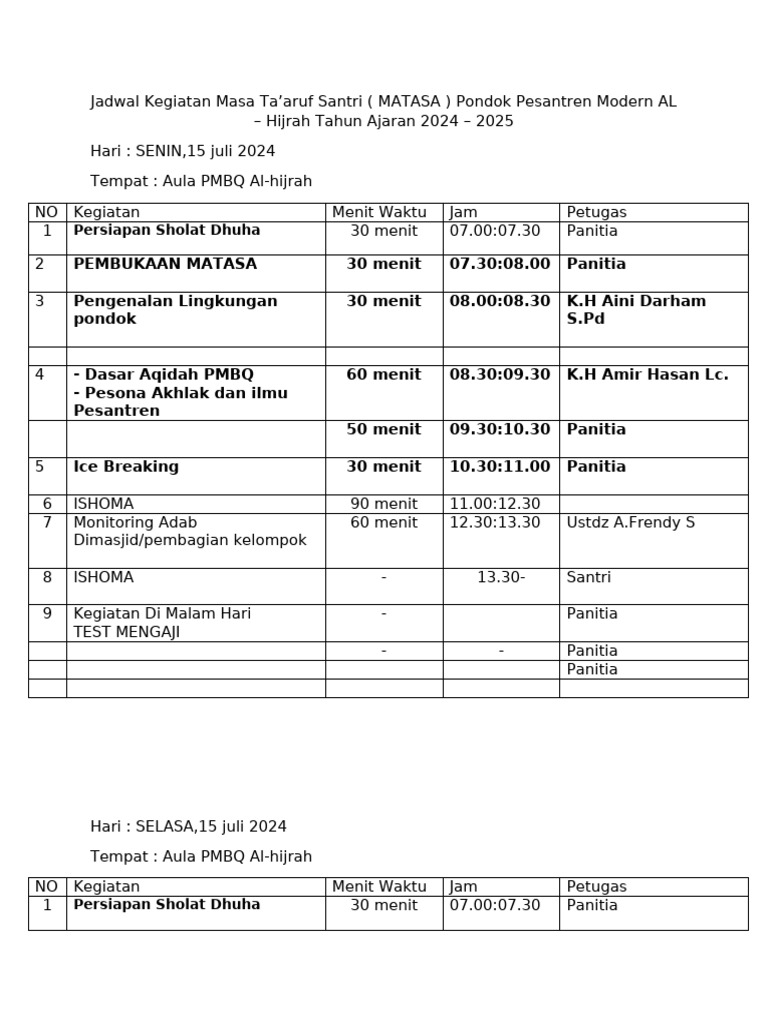 Jadwal Kegiatan Masa Ta | PDF
