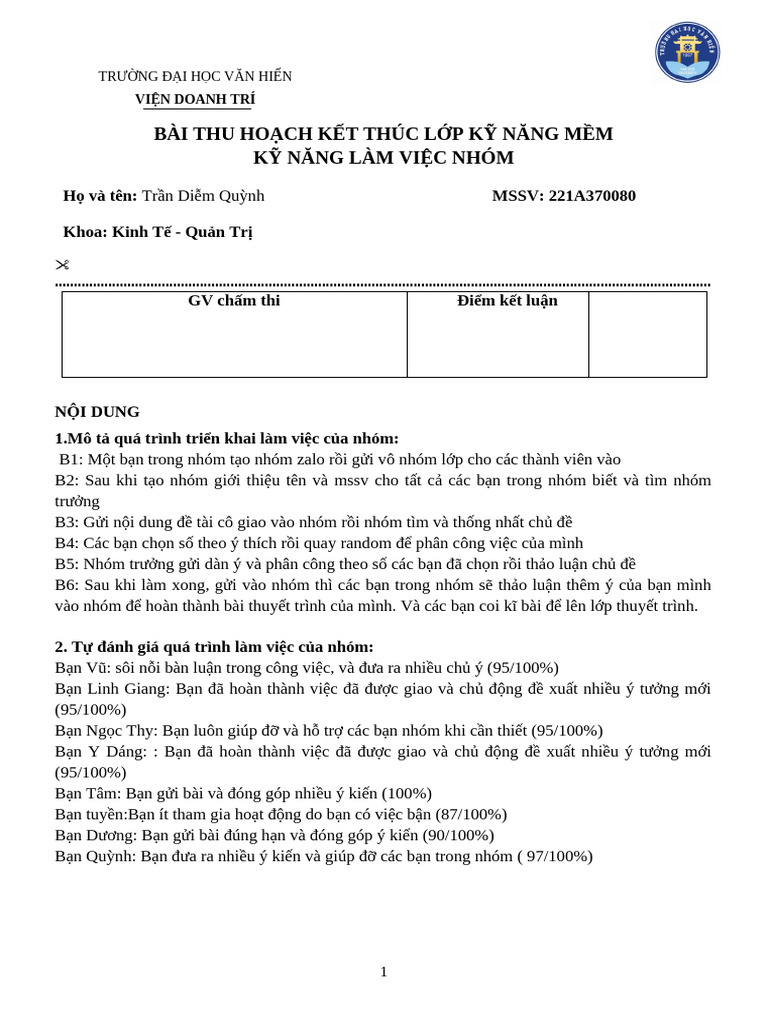 Mẫu Trình Bày Bài Thu Hoạch KNM | PDF