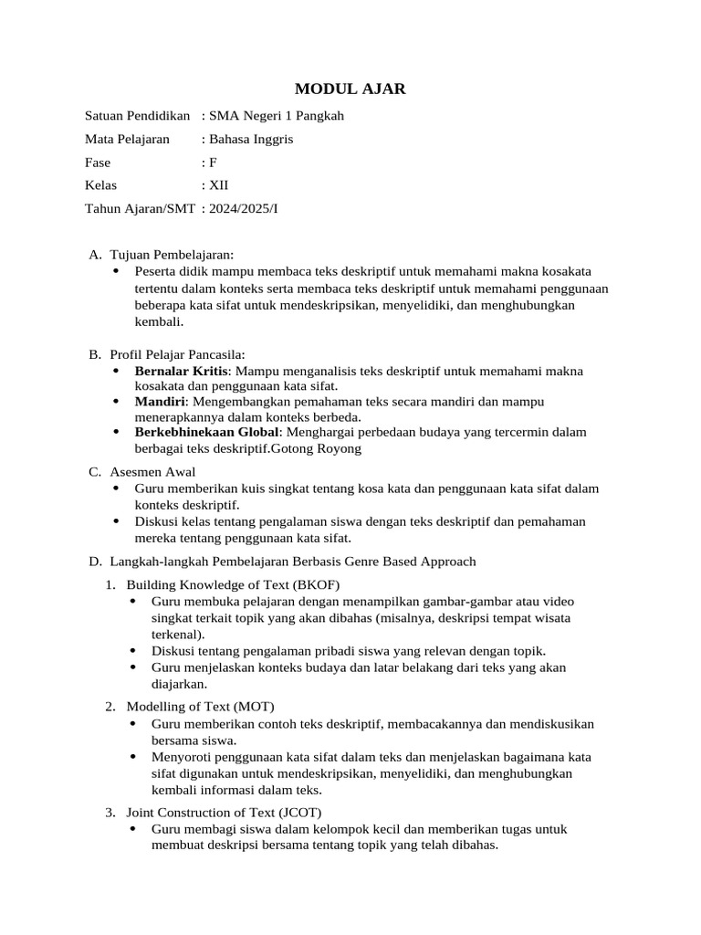 MODUL AJAR Descriptive 1 | PDF