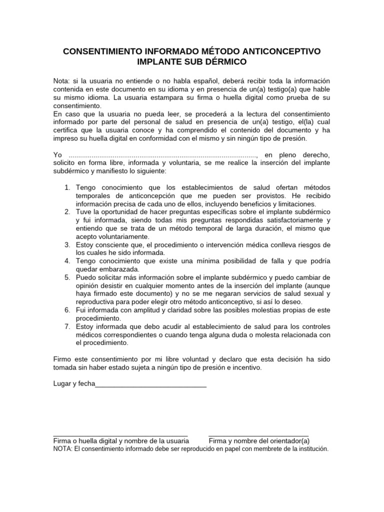 Consentimiento Informado Implante Subdermico y Diu Sayana Press 2022 | PDF