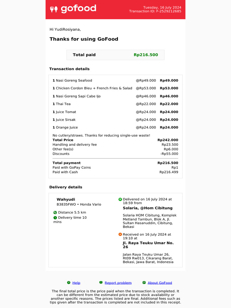 Thanks For Using Gofood: Total Paid | PDF