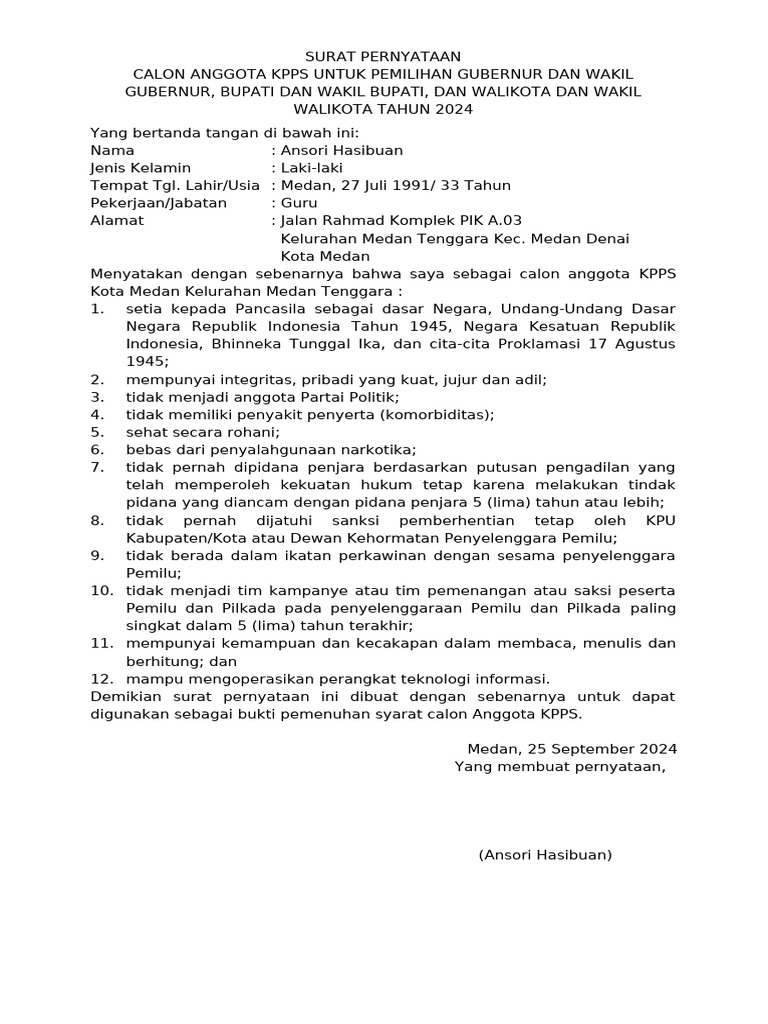 Surat Pernyataan KPPS 2024 | PDF