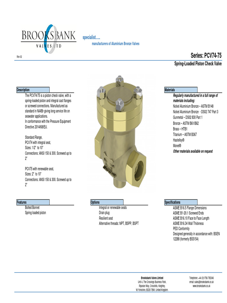 Spring Loaded Piston Check Valve (v2) - PCV74-75 - Brooksbank Valves | PDF