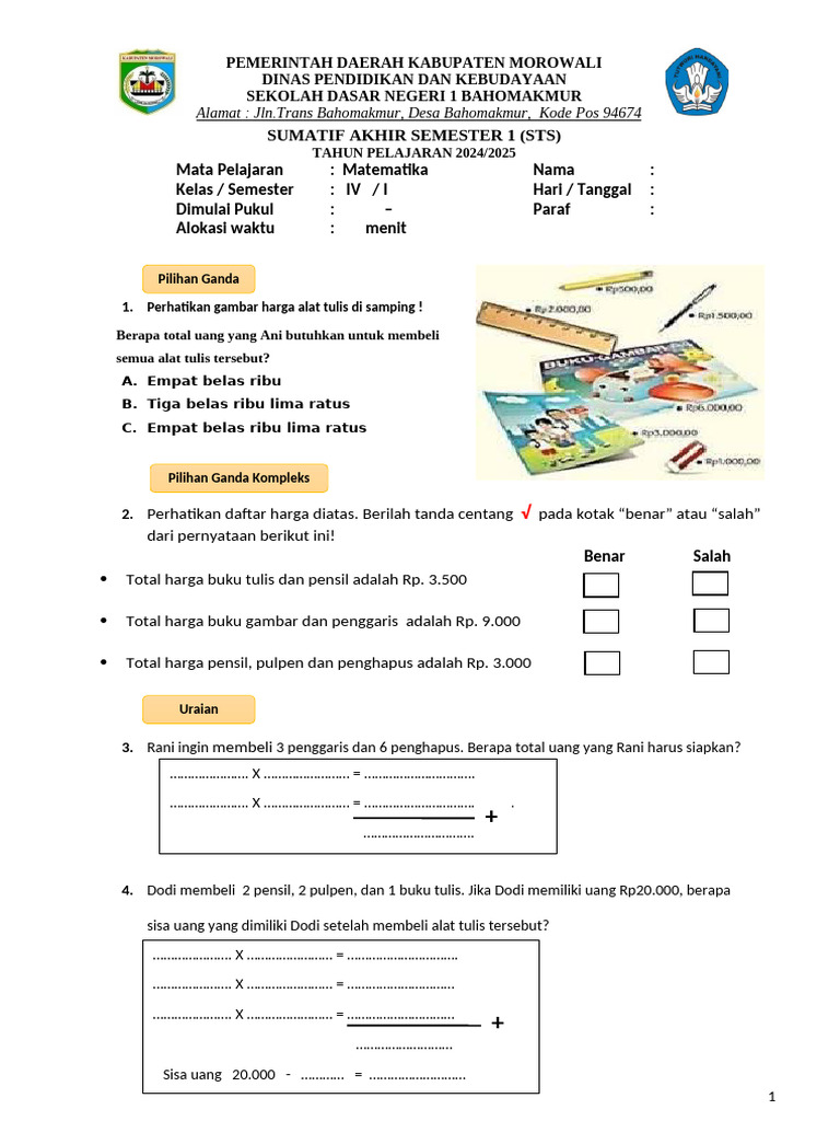 Soal STS 4 Matematika Sem 1 | PDF