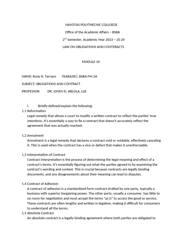 Module 10 Obligations and Contracts | PDF
