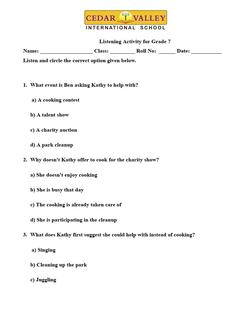 Grade 7 Listening Activity Test | PDF