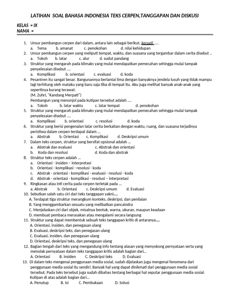 Latihan Soal Bahasa Indonesia Teks Cerpen, Diskusi, Tanggapan Kls 9 | PDF
