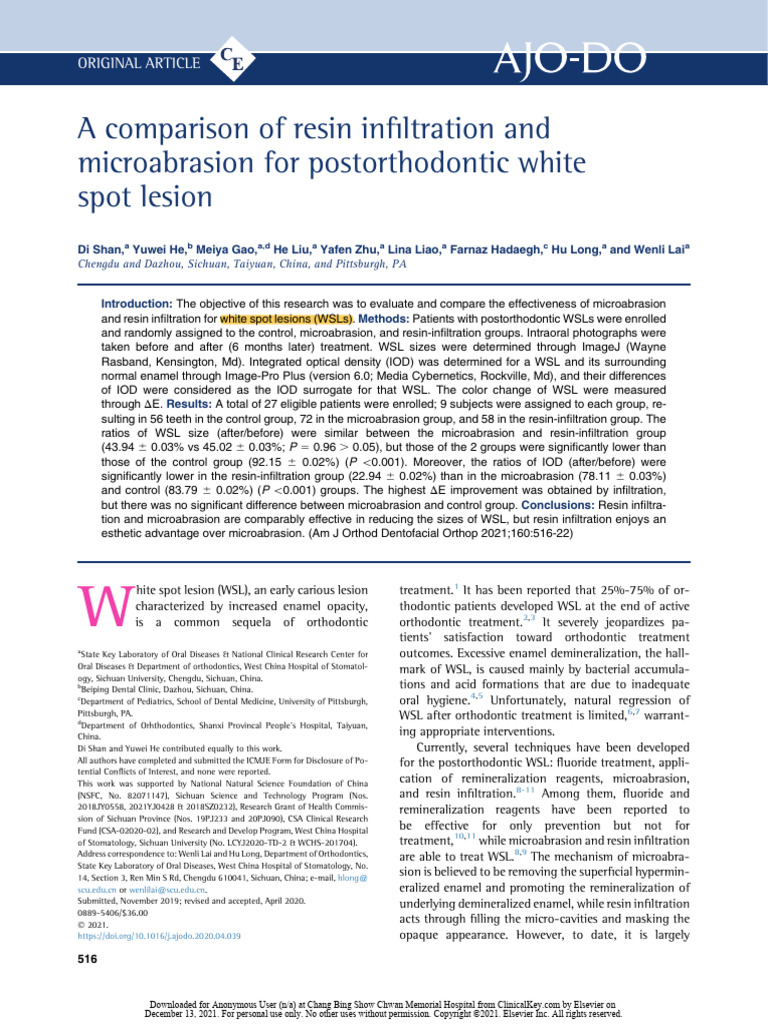 A Comparison of Resin Infiltration and Microabrasion For ...