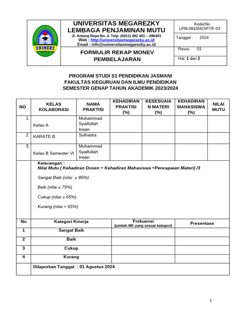 14 Form Evaluasi pembelajaran (S1 Penjas) | PDF
