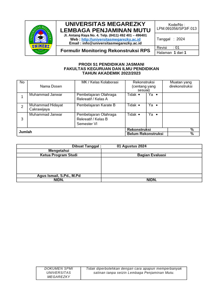 14 Form Monitoring Rekonstruksi RPS (S1 Penjas) | PDF