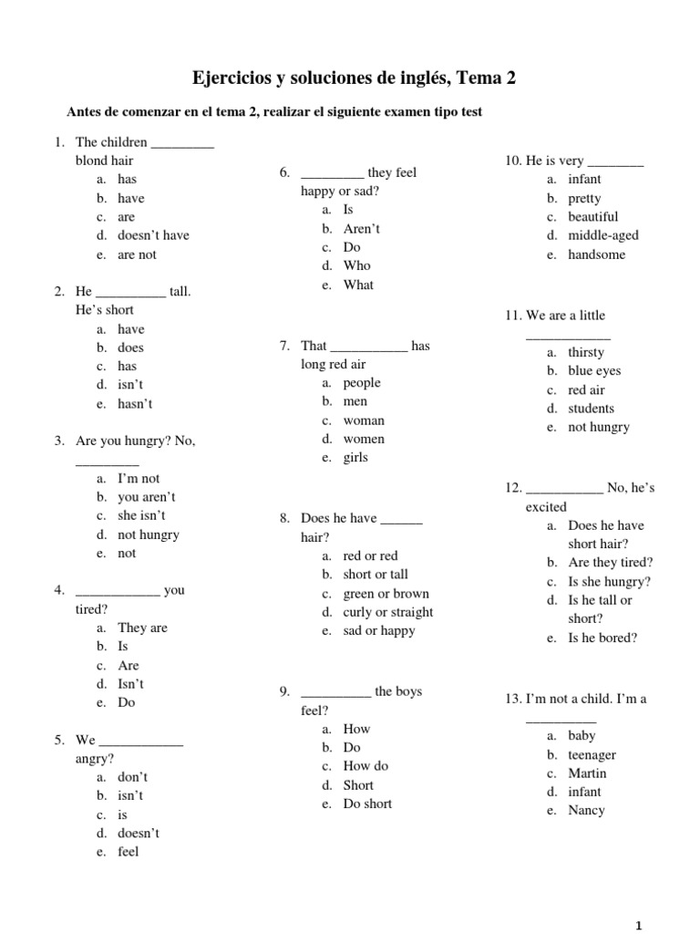 Ejercicios y soluciones de inglés, Tema 2 | Human Body | Human Appearance