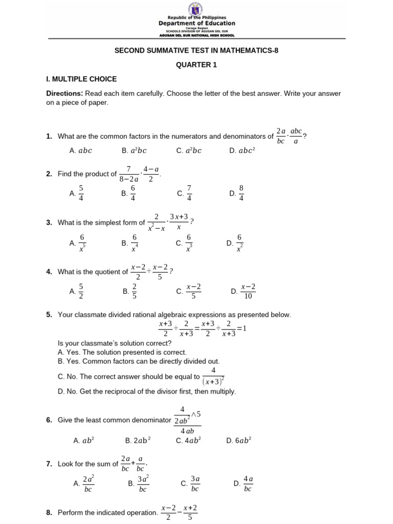 SECOND SUMMATIVE TEST IN MATHEMATICS | PDF SECOND SUMMATIVE TEST IN MATHEMATICS | PDF