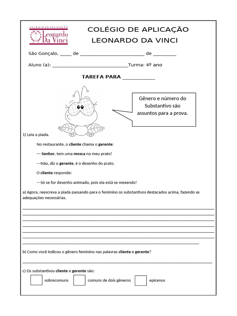 GENERO DO SUSBTANTIVO ATIVIDADE QUARTO E QUINTO ANO | PDF