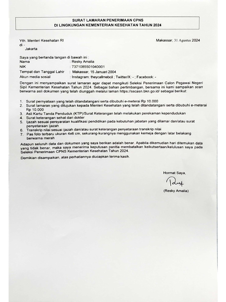 Surat Lamaran Cpns Resky Amalia | PDF