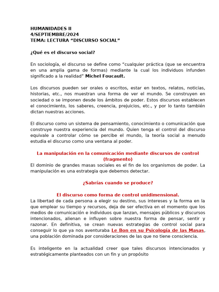 Discurso Social | PDF | Discurso | Educación en artes liberales
