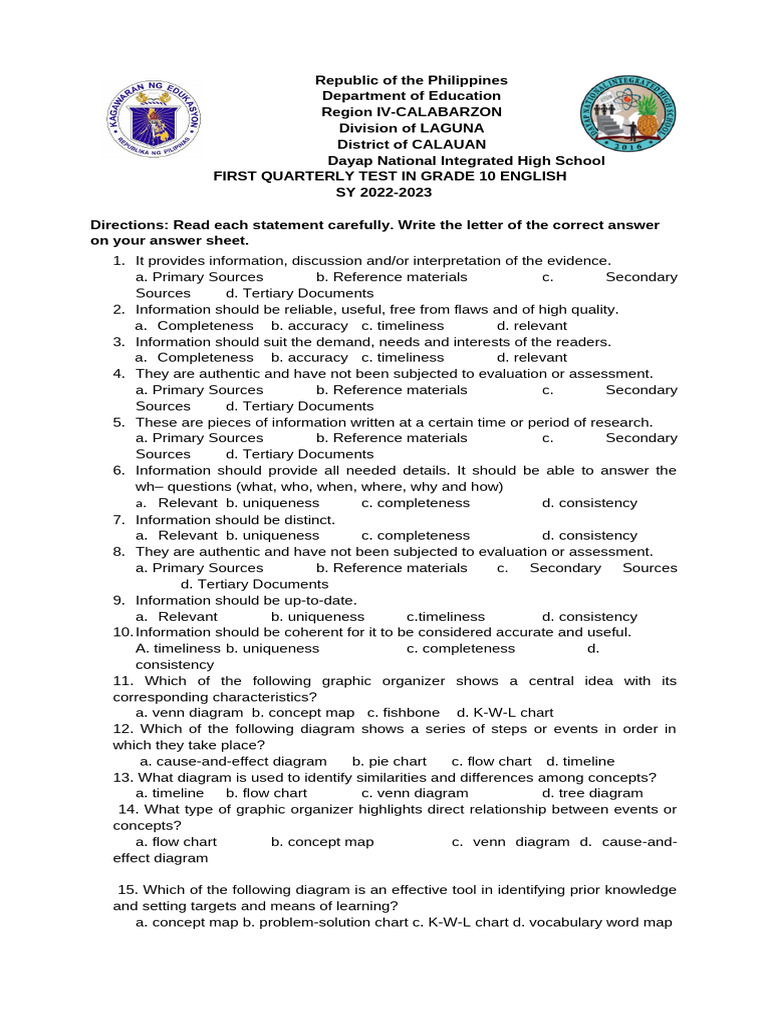 First Quarterly Test in Grade 10 English 2022-2023 | PDF