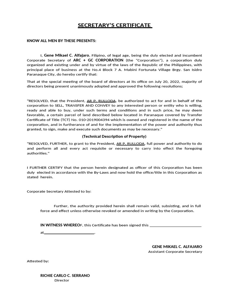 Secretary Cert | PDF