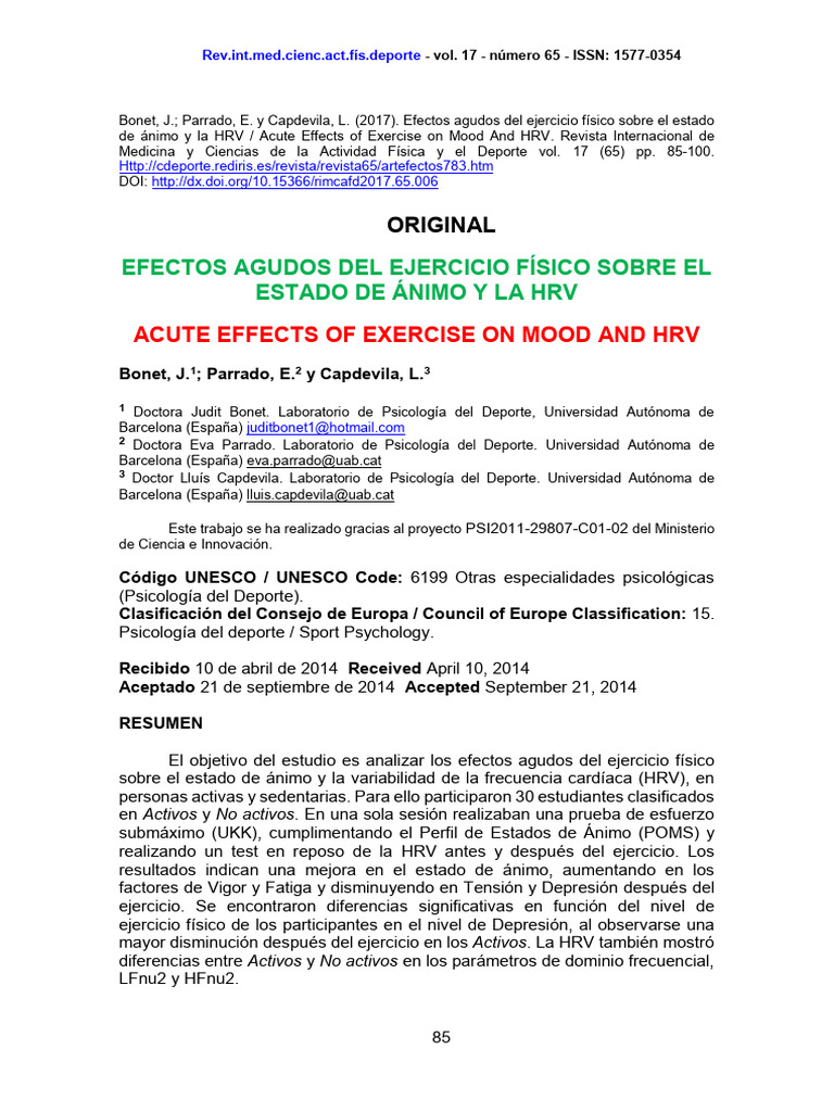 1 - Efectos Agudos Del Ejercicio Físico Sobre El Estado de Ánimo y La HRV | PDF