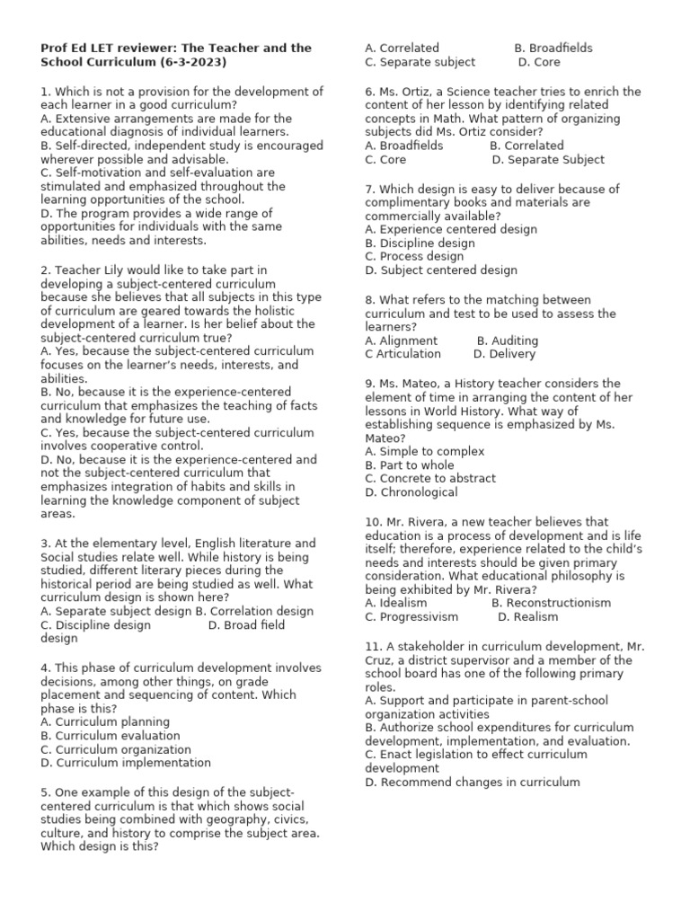 Curriculum Development Prof Ed LET Reviewer | PDF