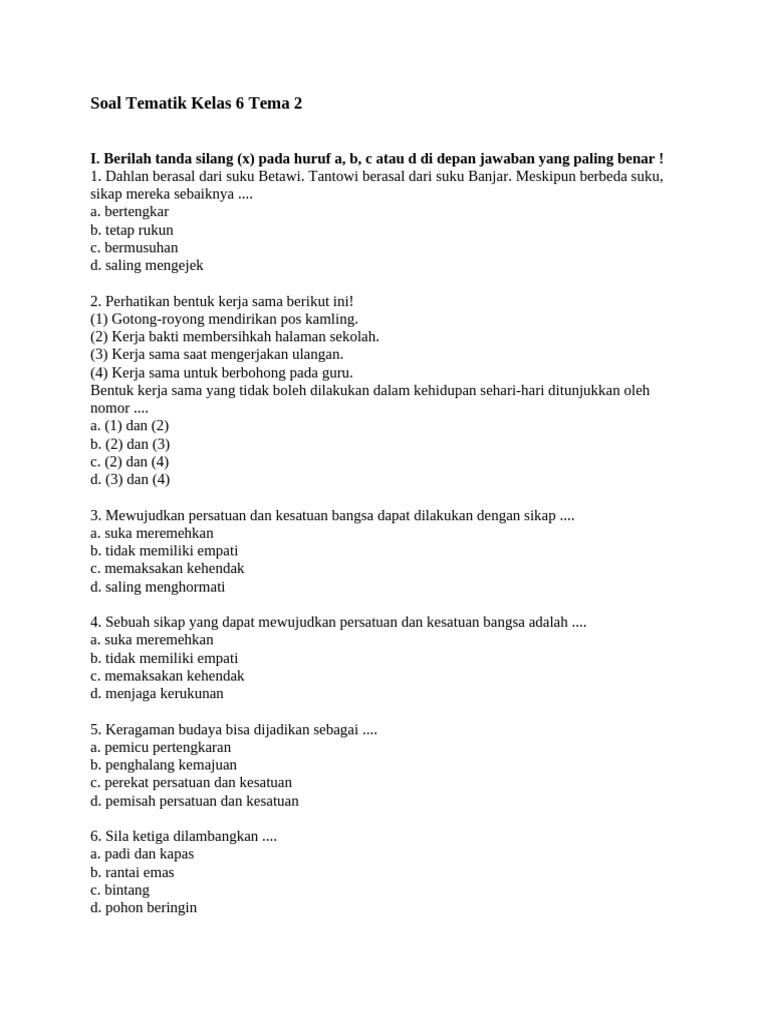 Soal Tematik Kelas 6 Tema 2.docx ( PKN ) | PDF