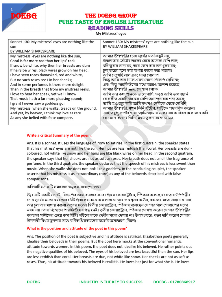 Class 13 My Mistress's Eyes Reading Skills | PDF