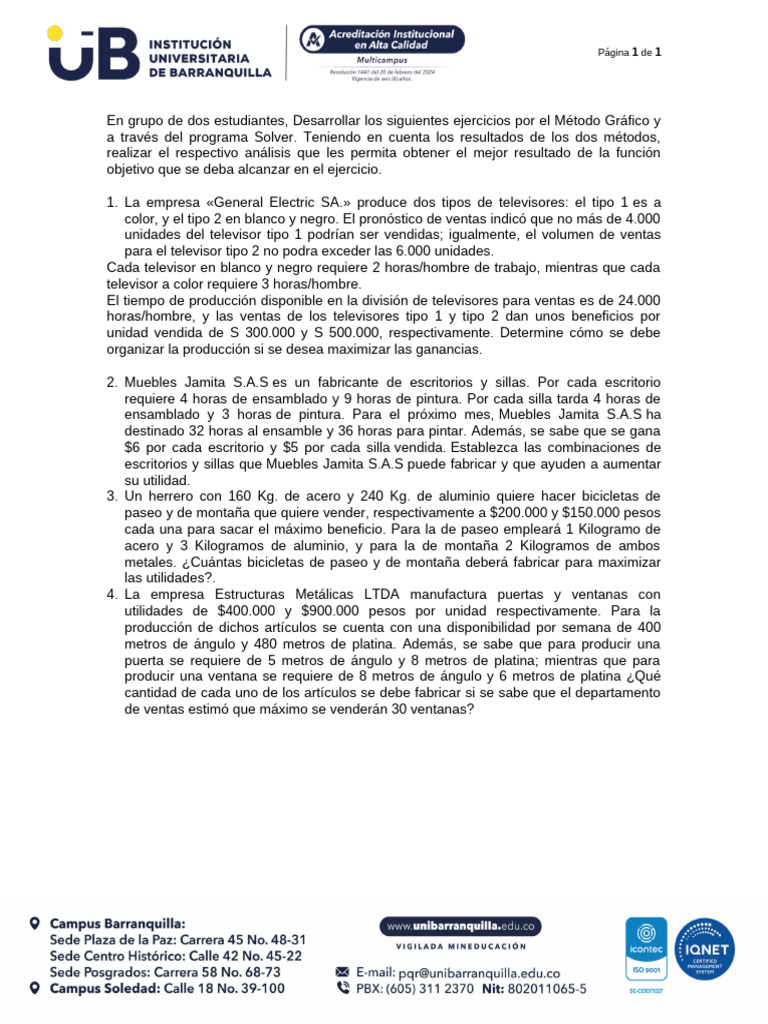 Taller Método Gráfico y Solver | PDF